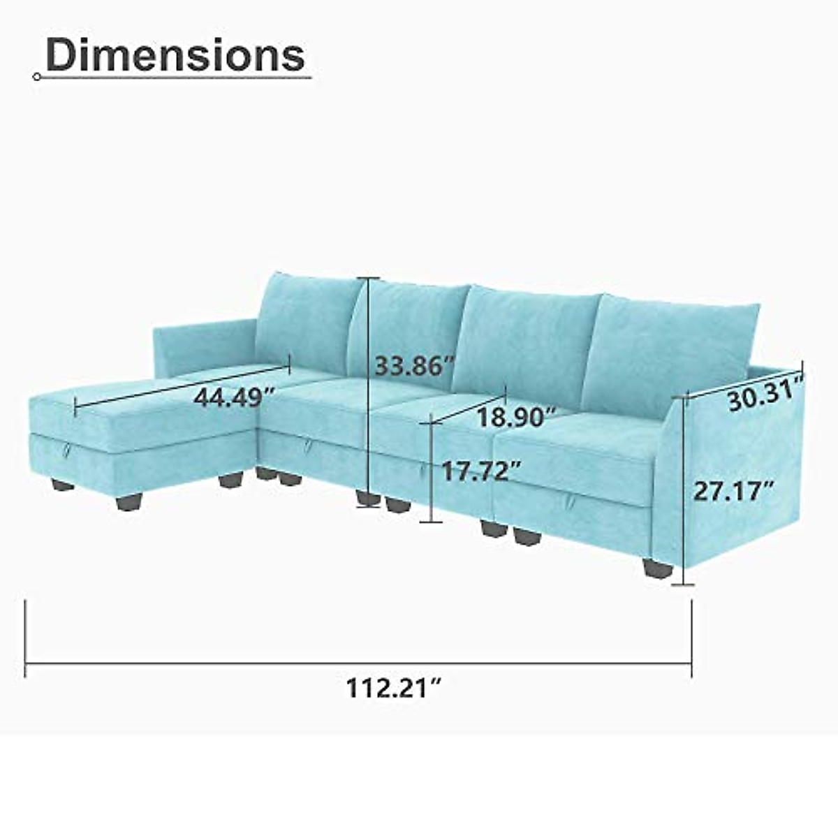 HONBAY Reversible Sectional Sofa L Shaped Couch with Storage Convertible Modular Sofa with Chaise, Aqua Blue