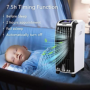 COSTWAY Evaporative Cooler, 4-in-1 Cooling, Fan, Humidifier and Anion, with 3 Wind Modes, 3 Speeds, 7.5H Timer, Portable air cooler with Remote, Built-in Handle, 4 Wheels for Home, Office