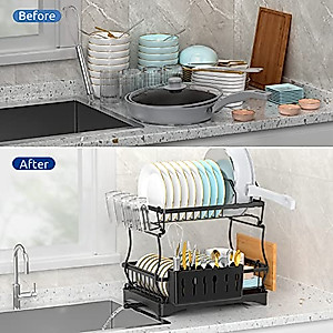 Dish Drying Rack, 2-Tier Dish Drying Rack with Drainboard Set, Black Metal Dish Rack Plate Rack for Kitchen Counter, Dish Drainer with Utensil & Cutlery Holder - Space-Saving Organizer for Countertop