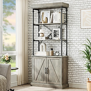 IDEALHOUSE Tall Bookshelf with Doors 73.62in Industrial Storage Open Rack Shelf with Cabinet Wood and Metal Bookcase Farmhouse Bookshelves Large Vintage Display Rack Home Office