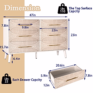 VINYUSE 6 Drawer Dresser, Dresser for Bedroom, Chest of Drawers with Metal Handle, Dresser TV Stand, Wood Drawer Organizer for Bedroom, Living Room, Enterway, Texture Beige