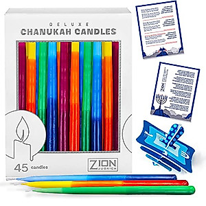 Deluxe Dripless Hanukkah Candles Standard Size - 45 Exciting Tri Color Decorative Candles Tapered Quality Chanukah Candle Set with a DIY Dreidel, Prayer and Song Card, for Eight Nights of Hanukah By Zion Judaica