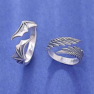 Mansheng Matching Rings for Couple Best Friends Personality Angel Devil Wing Open Adjustable Rings Promise Rings for Her Him Wing Shaped Hugging Protection Jewelry