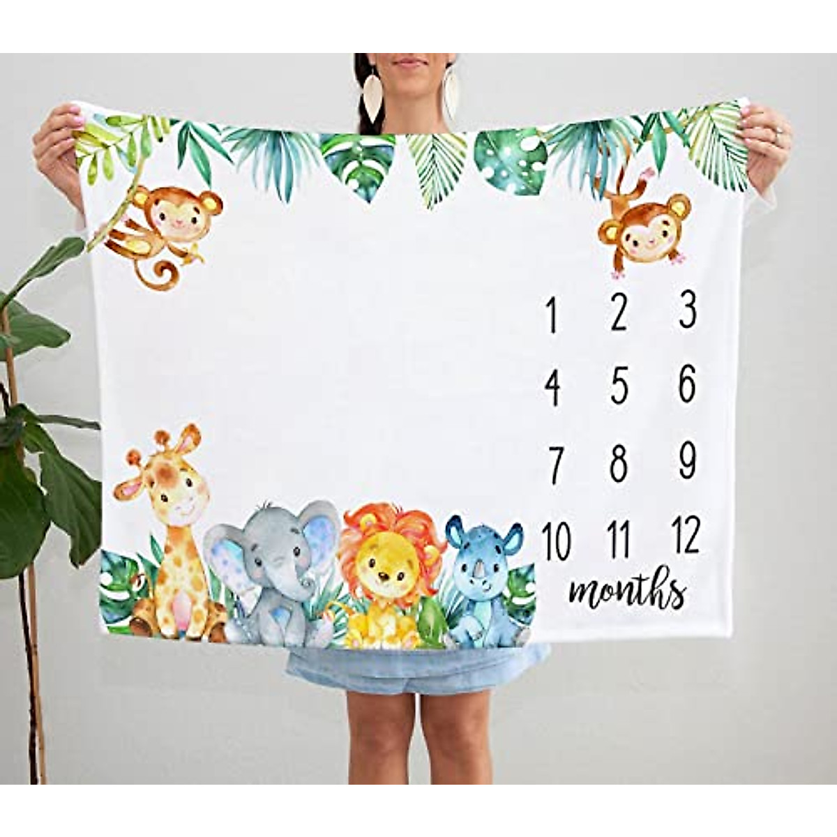Safari Jungle Baby Monthly Milestone Blanket, Jungle Animals Milestone Blanket for New Mom, Giraffe Elephant Baby Growth Chart Monthly Blanket, Includes Marker (Blue, 50"x40")