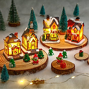 17 Pieces Christmas Village Sets Lighted LED Christmas Village Houses, Xmas Tree Gift Box Snowmen Santa Sign Miniature Figurines Snow Blanket, Christmas Home Table Decor Collectible Buildings