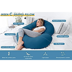 INSEN Pregnancy Pillow,Maternity Body Pillow with Velvet Cover,C Shaped Body Pillow for Sleeping (Blue Jersey)