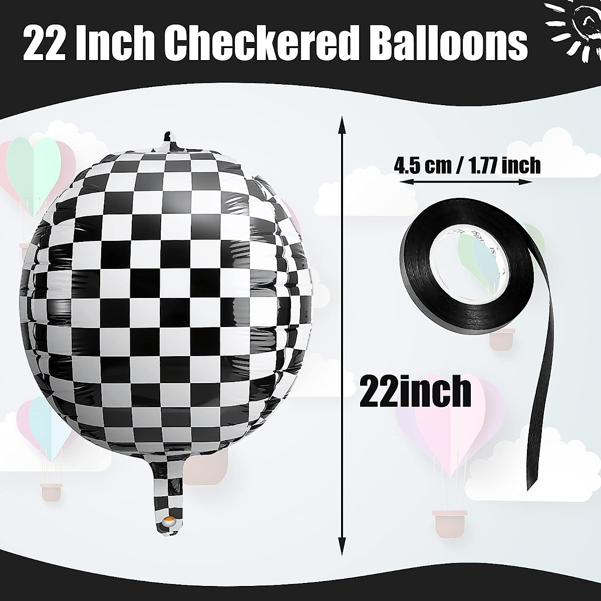 14 Pieces Foil Checkered Balloons 22 Inch Checkered Racing Car Balloons Black White Checkerboard Balloons Racing Themed Birthday Balloons with Black Ribbon for Racing Themed Party Decoration