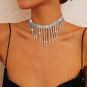 Sixexey Rhinestone Choker Necklaces Silver Neck Chain Sparkly Tassel Necklace Dainty Party Prom Necklace Jewelry for Women