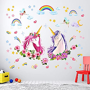 DECOWALL SG-2105 Large Unicorn Wall Stickers Rainbow Kids Colorful Decals Removable for Girls Nursery Bedroom Living Room Art Home Decor Decoration Toddler Little Princess Childrens