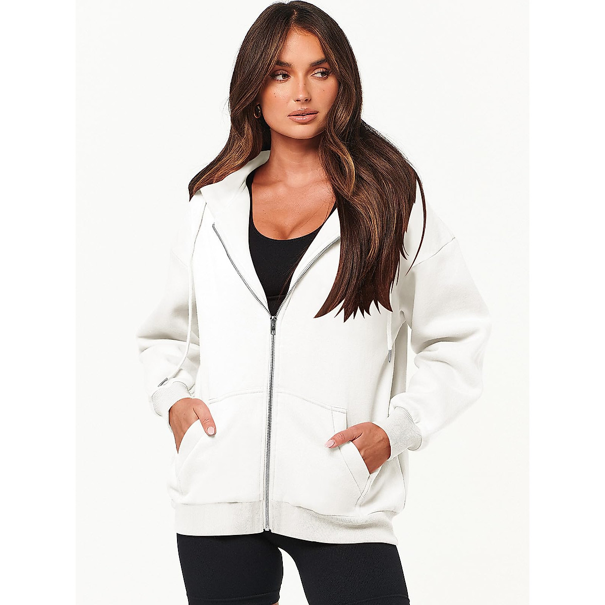 Prinbara Women's 2023 Winter Coats Casual Jacket Oversized Sweatshirts Trendy Clothes Zip Up Y2K Hoodie with Pocket White 9PA89-baise-S,JM23