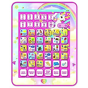Lexibook Unicorn Educational Bilingual Interactive Learning Tablet, Toy to Learn Alphabet Letters Numbers Words Spelling and Music, English / Spanish Languages, Pink, JCPAD002UNIi2