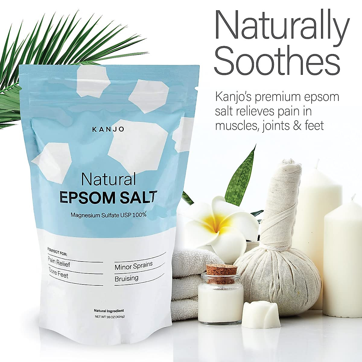 FSA HSA Eligible Kanjo Natural Epsom Salt - 100% Pure Magnesium Sulfate USP Bath Salt - Soak for Muscle Pain, Foot Pain, & Joint Pain Relief - Unscented - 16oz Bag