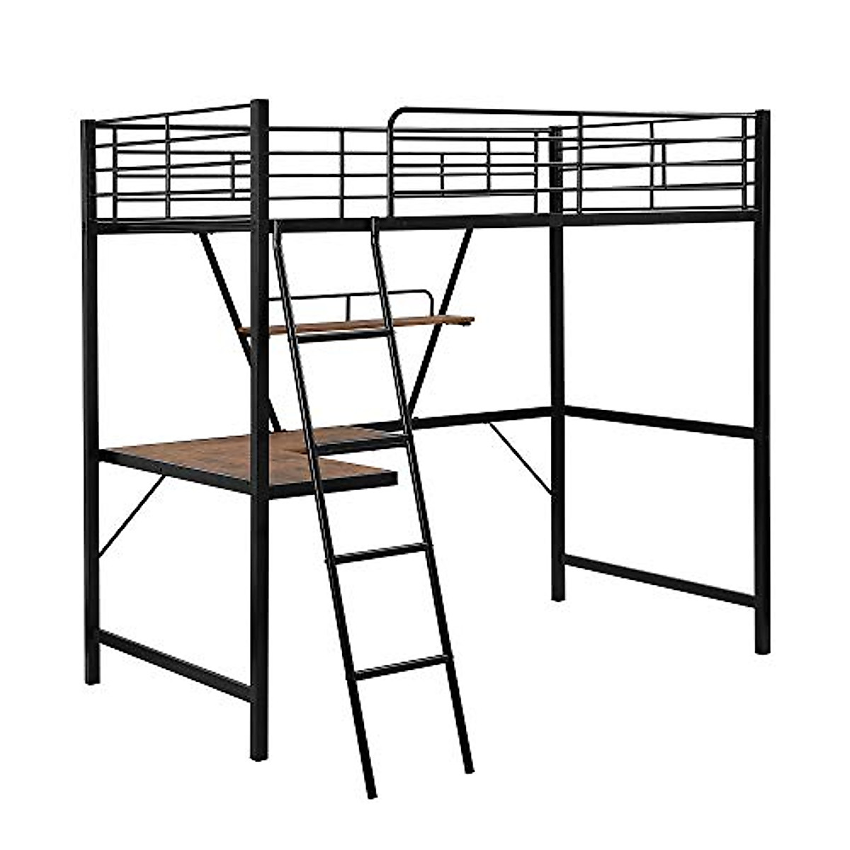 MOEO Twin Size Metal Loft Bed with L-Shaped Desk and Shelf, Bedfram w/Guardrail for Kids, Home, No Spring Box Required, Black