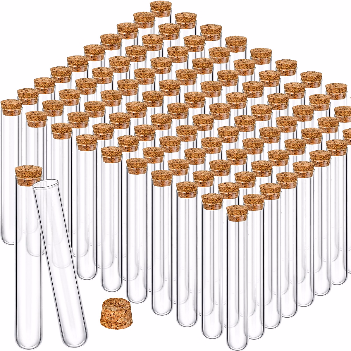 Thyle 100PCS Glass Test Tubes with Cork Clear Stoppers Round Bottom Lab Test Alcohol Tampons Glass Tubes Container Vials for Plants Scientific Experiments Candy Storage Party Favors (20x150mm/35ml)