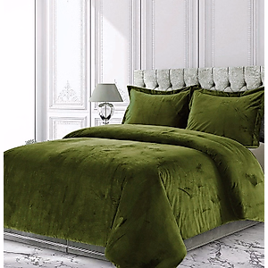 QualityBeddingHub Venice Velvet Duvet Cover Set Oversized King 3 Piece (Duvet Cover + 2 Pillowcases) Olive Zipper Closure Duvet Cover Premium Venice Velvet Lush Duvet Cover Sherpa