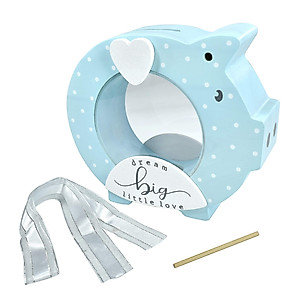 I’m Solid Wood Piggy Bank Coin Bank Savings Money Bank, Adorable Gifts for Baby Birthday Boys Girls Kids Child to Cherish Baby Shower, Keepsakes & Nursery Décor “Dream Big Little Love” (Dot Blue)