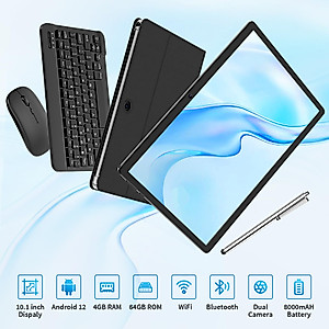 HISORL Android Tablet, 10 Inch Android 12 Tablet, 2 in 1 Tablet with Keyboard, Mouse, Case, Stylus, 4GB RAM 64GB ROM 1TB Expand, WiFi, Bluetooth, 8000mAh Battery, GMS Certified(Black)