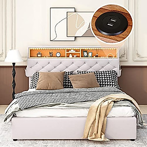 Queen Size Upholstered Platform Bed Frame for Boys Girls Kids Toddler with Storage Headboard, LED, USB Charging and 2 Drawers, Beige