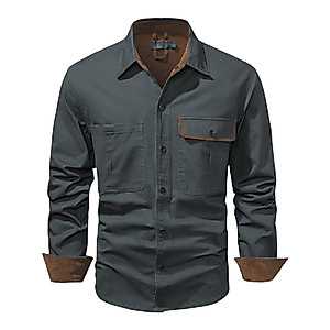 Men's Long Sleeve Washed Hiking Shirts Lightweight Tactical Button Down Cargo Shirts Solid Slim Shirt with Pockets (Grey,X-Large)