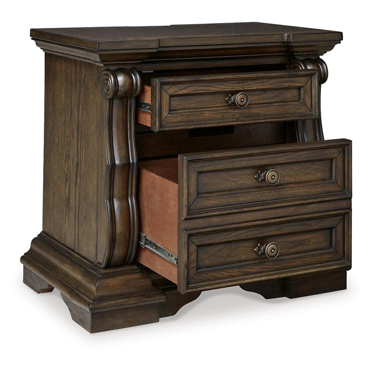 Signature Design by Ashley Maylee Classic 2 Drawer Nightstand with Pull-Out Tray, Power Supply and USB Ports, 29.5" Tall, Dark Brown