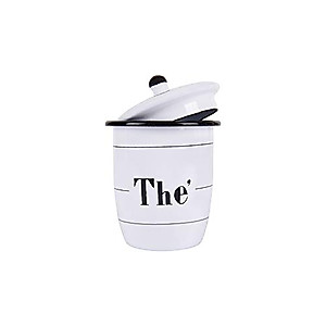 Creative Co-Op Enameled White Canisters with French Writing & Black Rims (Set of 4 Sizes)