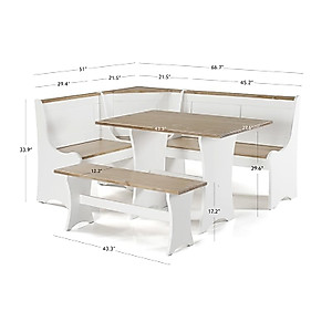 Linon Jackie Pine Wood 3 Piece Patio Conversation Indoor Kitchen Breakfast Table Booth Bench Corner Dining Nook Set in Antique White