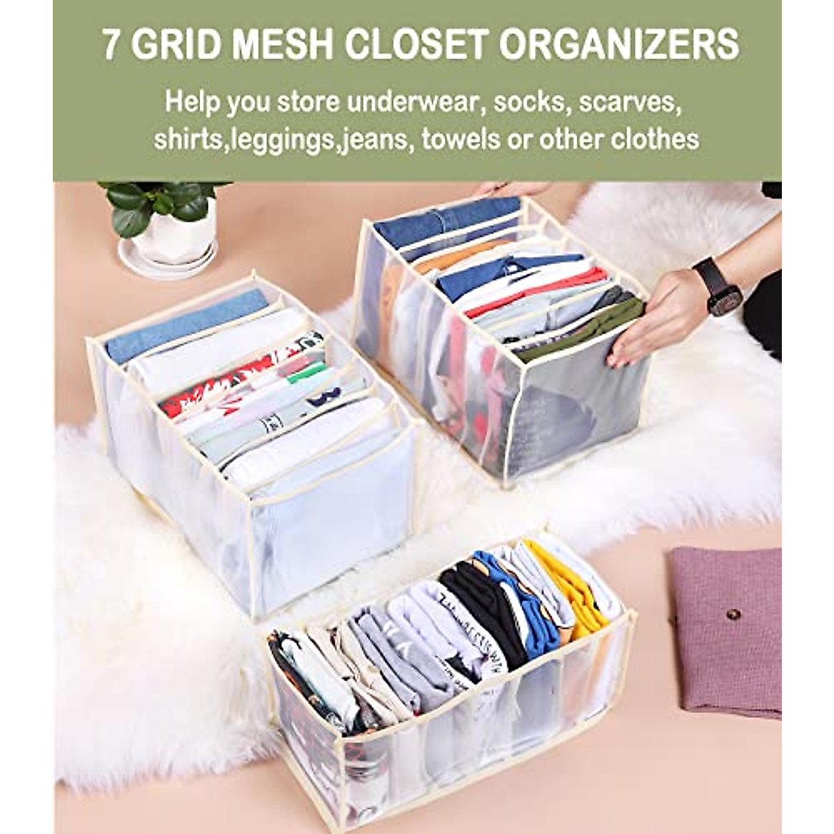 Wardrobe Clothes Organizer, 7 Grids Drawer Organizers for Clothing, Bedroom clothes organizer for folded clothes, Closet Organizers and Storage Baskets for Pants,T-Shirts, Jeans (5 Pack 2M+3L)