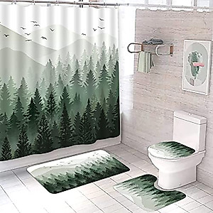 ZYLLGLOW Forest Shower Curtain Set Boho Shower Curtain Set with Rugs, Abstract Mountain Bathroom Decor Accessories Bathroom Set with Shower Curtain and Rugs Leaves Curtain Set