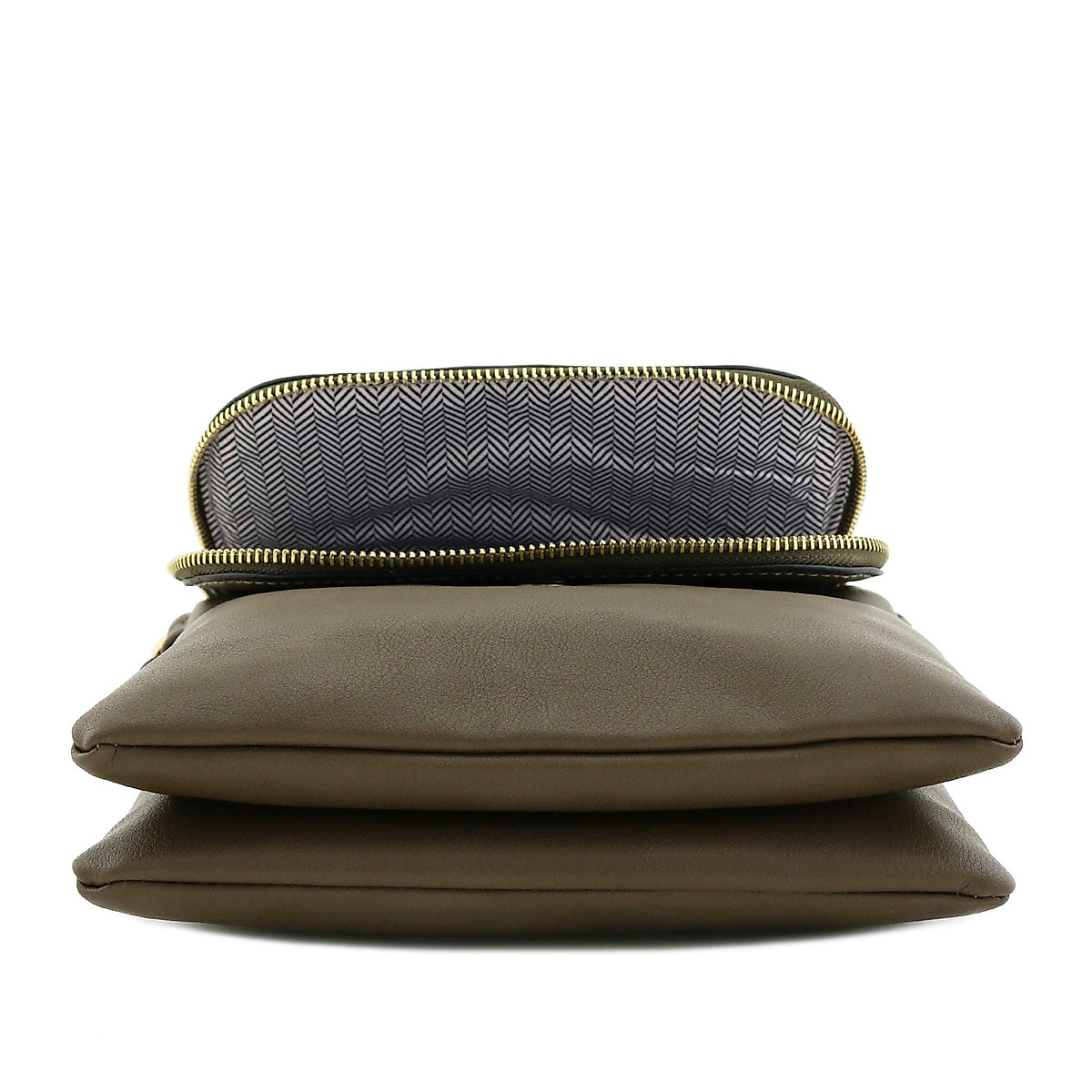 Flap Top Double Compartment Crossbody Bag with Tassel Accent (Stone)