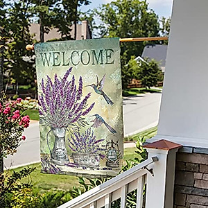 Lavender Flower Garden Flag Double Sided, Funny Hummingbird Bird Welcome Yard Flags for Outdoor Porch Lawn Home Decor 12 x 18 Inch