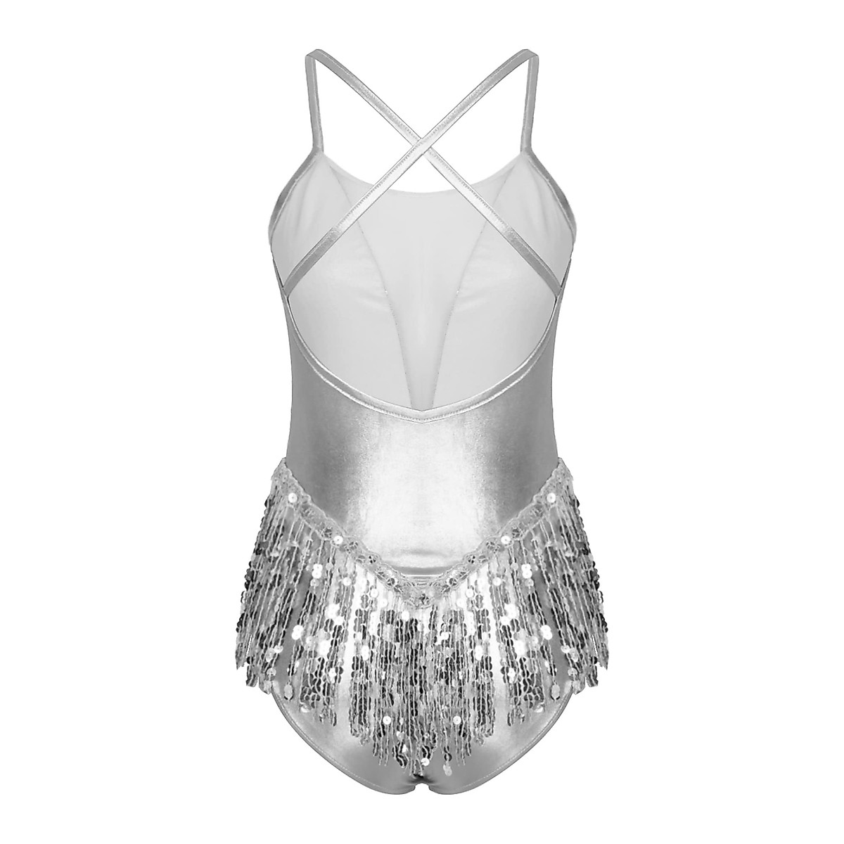 JEATHA Women Sequin Mesh Patchwork Camisole Ballet Leotard Crisscross Back Tassel Hem Gymnastic Dancewear Silver Medium
