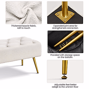 Yaheetech Modern Ottoman Bench Boucle Bench Upholstered Footrest for Living Room with Gold Metal Legs and Padded Seat Ivory