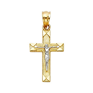 14K Yellow and White Gold Crucifix Cross Pendant - 20 x 11 MM Real Gold Jesus Cross Religious Charm Necklace Pendant - Ideal Gift for Men and Women