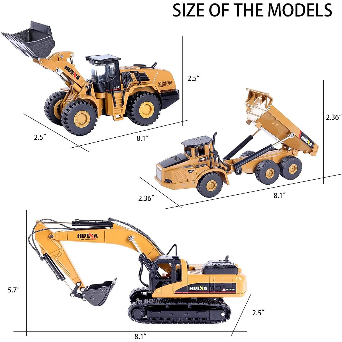 HuiNa Construction Toys, Pack of 3, Construction Vehicle Models Including Wheel Loader, Excavator and Dump Truck, Toy Trucks for Boys and Girls, 1:50 Scale Design