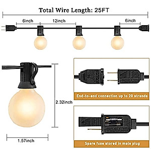 Pallerina 25Ft Frosted White String Lights with 27 G40 Globe Light Bulbs, Frosted Outdoor String Lights for Backyard Porch Balcony Party Wedding Umbrella, G40 5 Watt Bulbs E12 Base- Black Wire