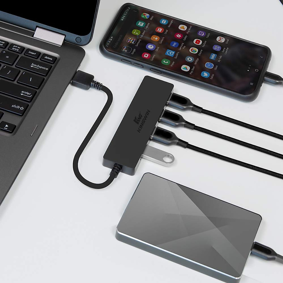 Kingwin USB Hub 4 Port USB 3.0 Data Hub for Mobile SSD, MacBook, Mac Pro/ Mini, iMac, Chromebook, Surface Pro, USB Flash Drives, Notebook PC, XPS, and More [Ultra Slim]