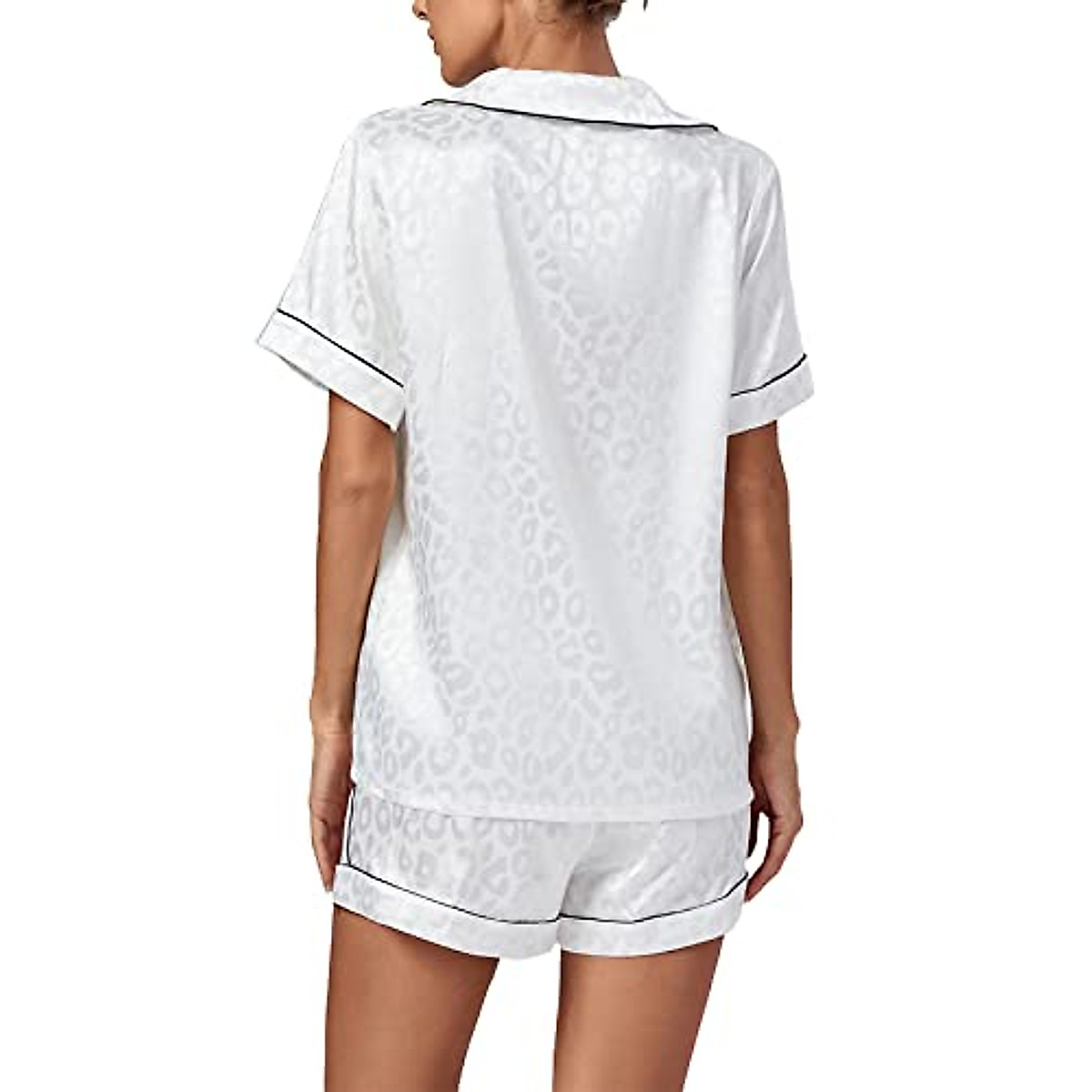 Vrtige Women's Silk Satin Pajamas Leopard Print Button Down Short Sleeve and Shorts Pj Sets White Small