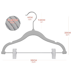 MangoKit Baby Clothes Hangers with Movable Clips 10 Pack,11.8 Inch Kids Velvet Hangers Non-Slip, Swivel Hook,Space-Saving Children's Coat Hangers for Skirts,Pants,Dresses,Jackets(Grey)