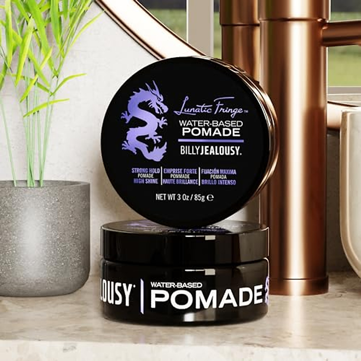 Billy Jealousy Lunatic Fringe Water-Based Pomade for Men, Strong Hold, High Shine, Water Soluble and Vegan Hair Product Ideal for Medium to Long Thick Mane, 3 oz