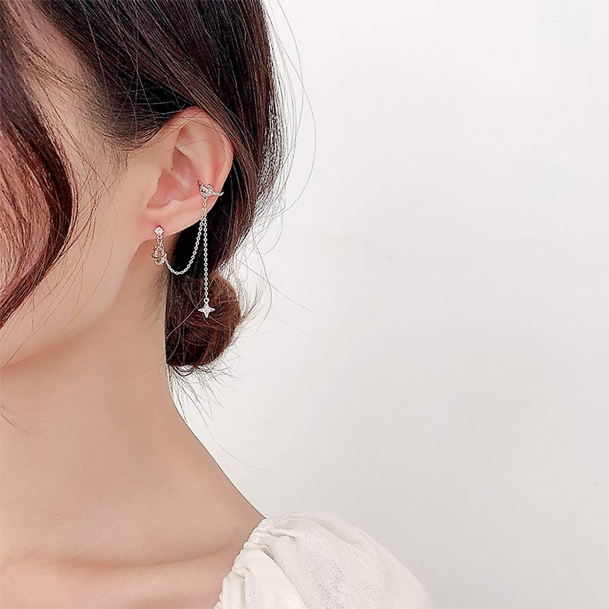 Planet CZ Moon Star Ear Cuff Wrap Clip On Clawler Climber Hoop 925 Sterling Silver Stud Chain Threader Tassel Asymmetric Earrings for Women Cute Hypoallergenic Gifts Daughter Bff (silver)