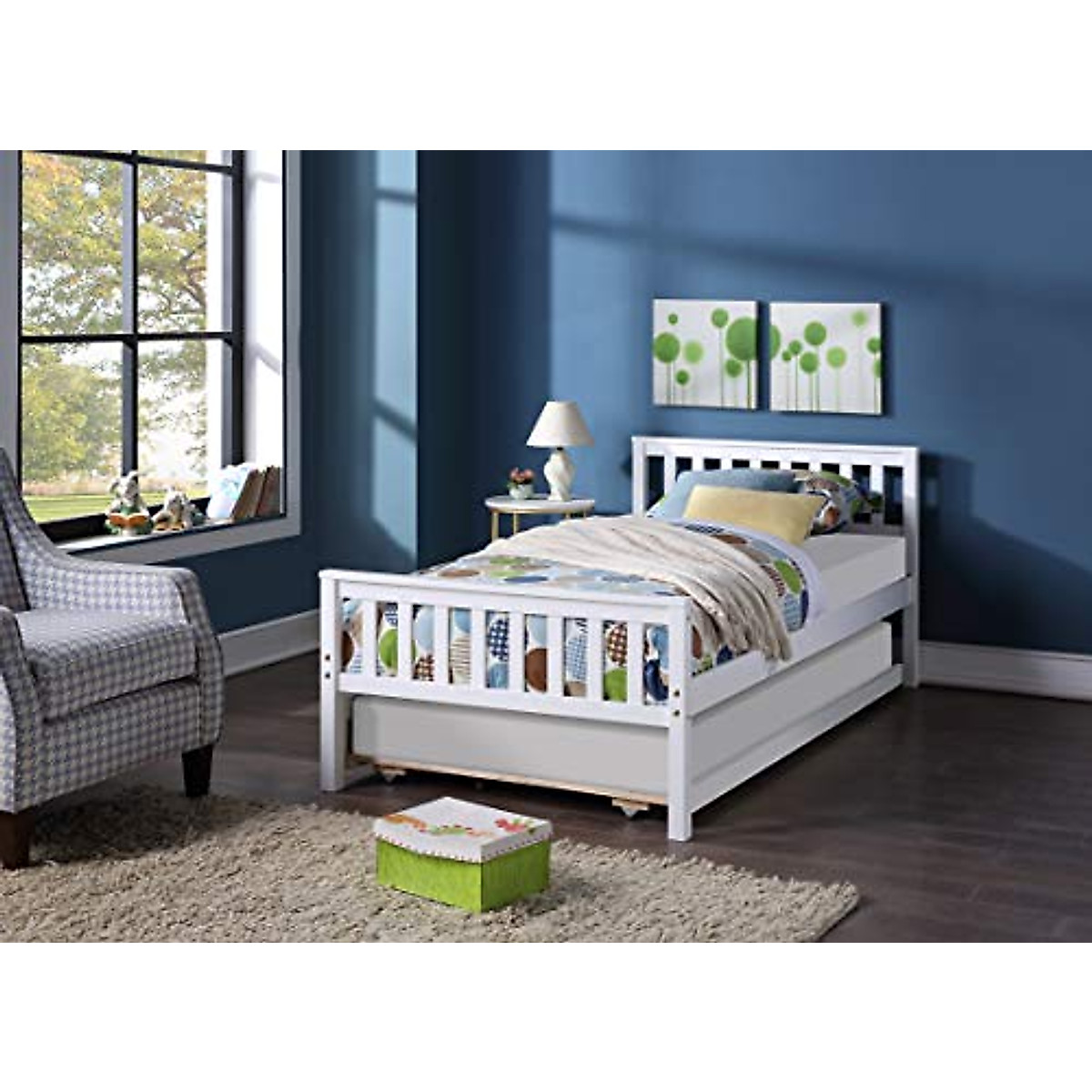 HomSof Twin Trundle, Platform Bed Frame with Headboard and Footboard,for Bedroom Small Living Space, White