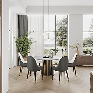 59'' Round Marble Dining Table for 4-6, Black Sintered Stone Circle Kitchen Table Top with Carbon Steel Pedestal, Faux Marble Kitchen Dinner Table for Dining Room/Living Room (Table Only)