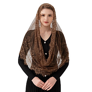PAMOR Spanish Style Lace Traditional Vintage Inspired Infinity Shape Mantilla Veil Latin Mass Head Covering (Brown)