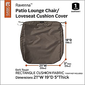 Classic Accessories Ravenna Water-Resistant 21 x 19 x 5 Inch Rectangle Outdoor Seat Cushion Slip Cover, Patio Furniture Chair Cushion Cover, Dark Taupe, Patio Furniture Cushion Covers