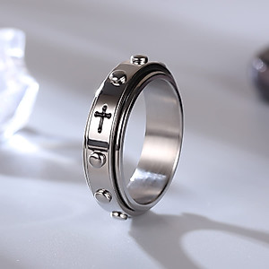 Adreamz 6mm Spinner Rosary Ring for Anxiety Relief Fidget Spinner Ring with Anti-worry Beads Cross Wedding Bands for Men Women 9