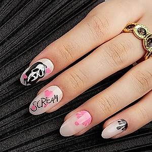 Halloween Press on Nails Short Almond Pink False Nails, Gel Acrylic Fake Nails with Glue, Salon Effect Natural Fit Reusable Glue on Nails Set 14Size 28Pcs, Halloween Design