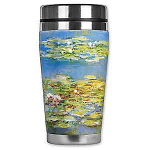 Mugzie Monet Water Lilies Travel Mug with Insulated Wetsuit Cover, 16 oz, Black