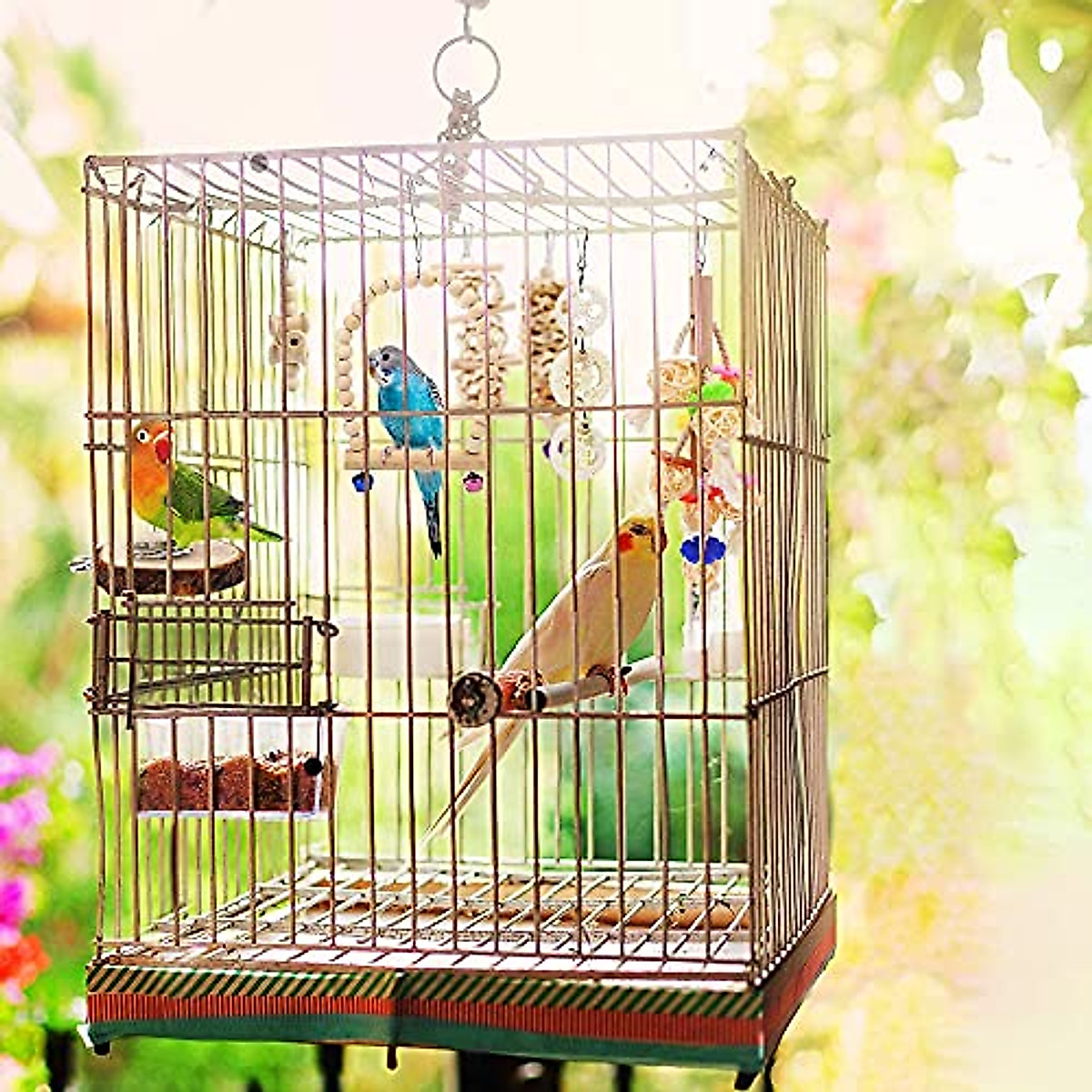 Allazone Bird Parrot Toys, 18 PCS Hanging Bell Pet Bird Cage Hammock Swing Toy Bird Perch Toys Wooden Chewing Toy for Conures, Love Birds, Small Parakeets Cockatiels, Macaws (2)