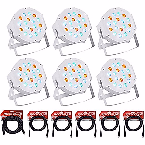 (6) Rockville RockPAR50 LED RGB Compact Par Can DJ/Club/Stage DMX Wash Light - White Bundle with (1) RDX3M25 25 Foot 3 Pin DMX Lighting Cable, (5) RDX3M10 10 Foot 3 Pin DMX Lighting Cable (12 Items)