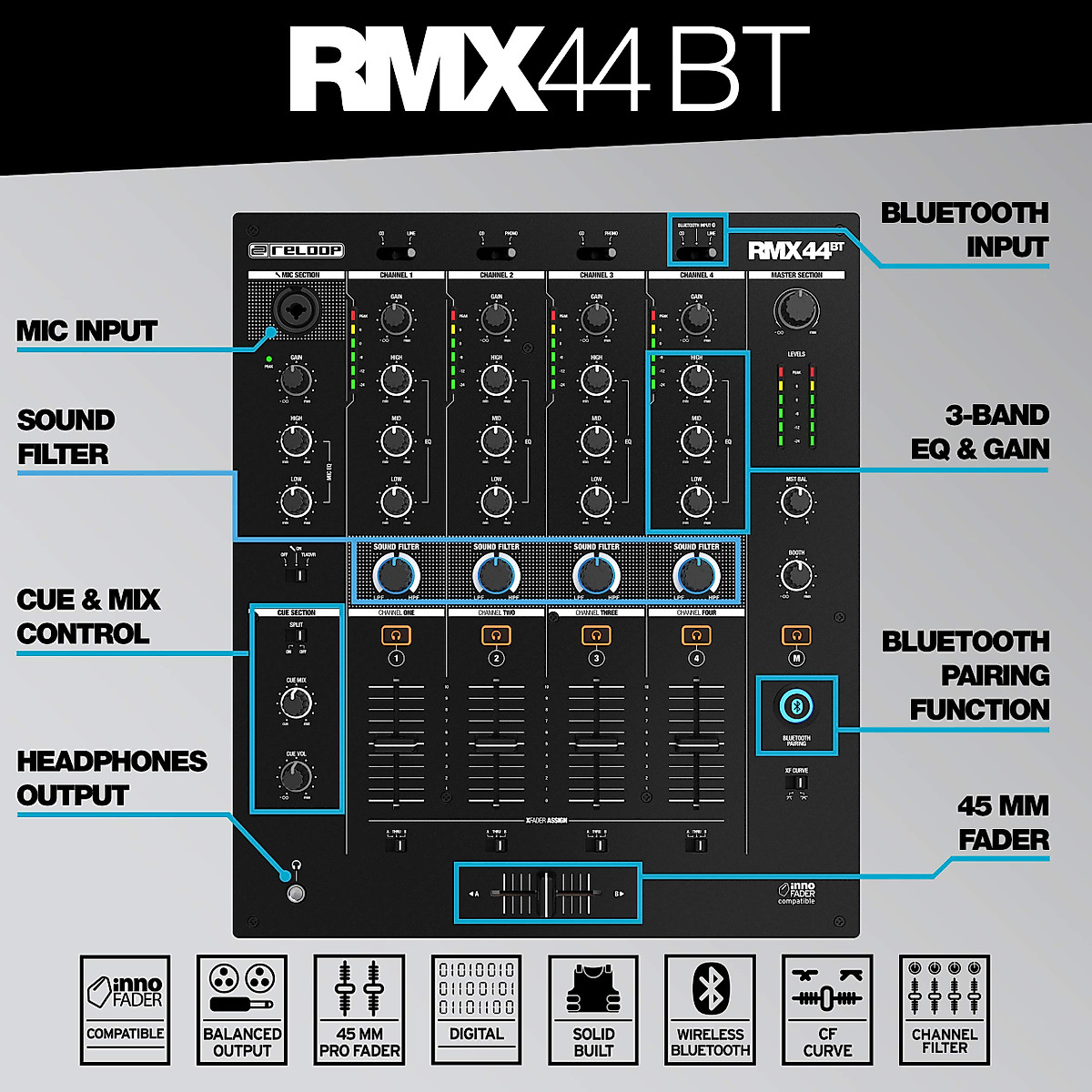 Reloop RMX-44BT 4-Channel Bluetooth DJ Club Mixer
